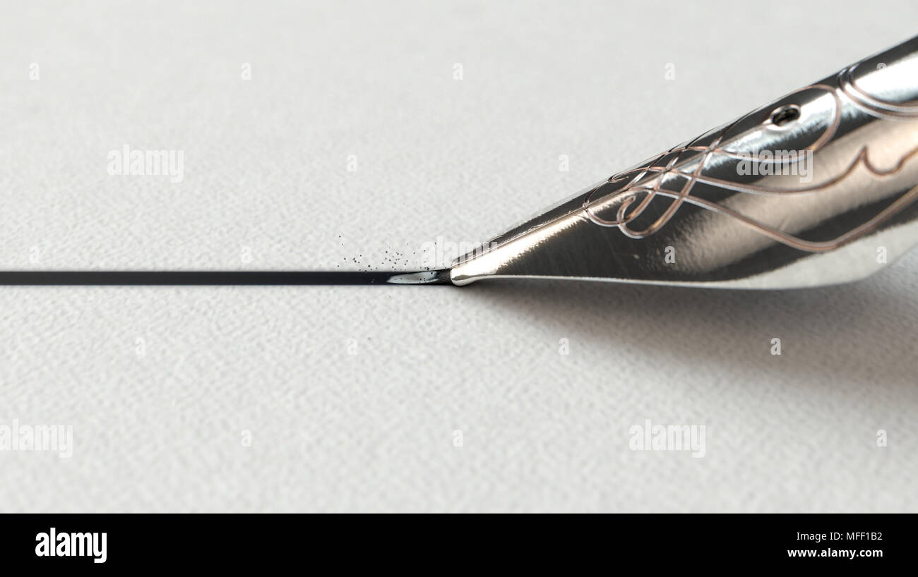 A closeup view of an ornate metal nib of an old fountain pen drawing a ...