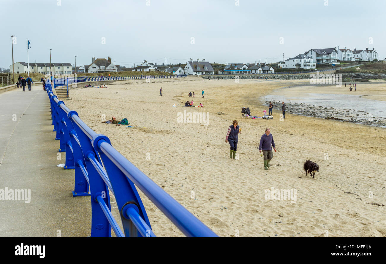 A view of the beach at Trearddur Bay on an overcast spring day Stock ...