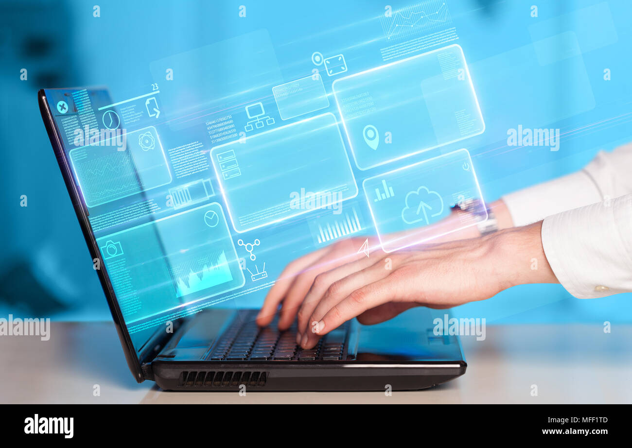 Hand using laptop with database reports and online work concept Stock ...