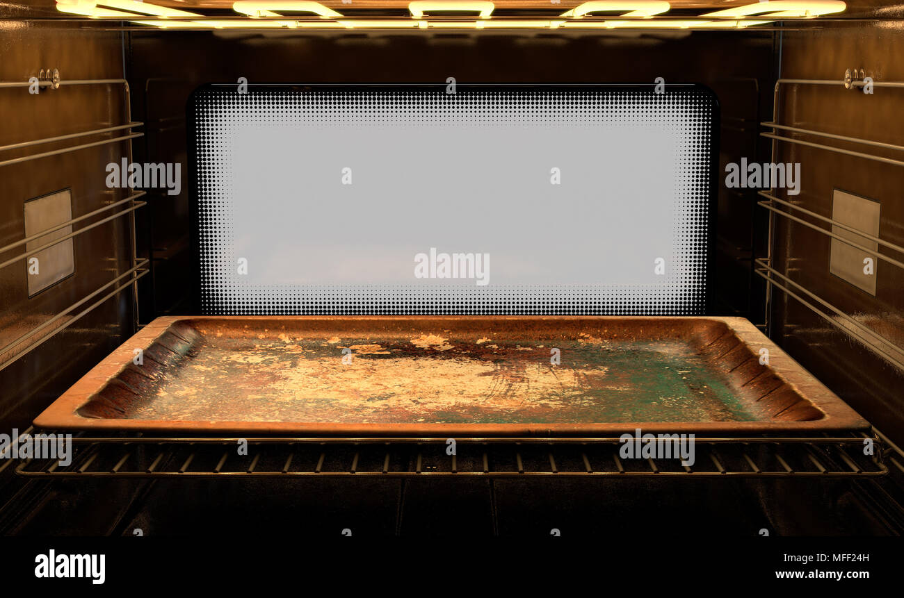 A view from inside a hot operational household oven towards a closed ...