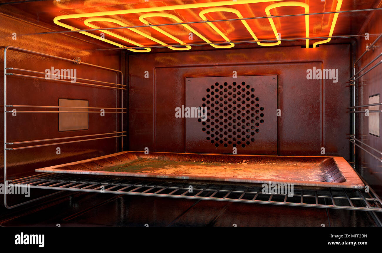 A close view inside a hot operational household oven with an empty ...