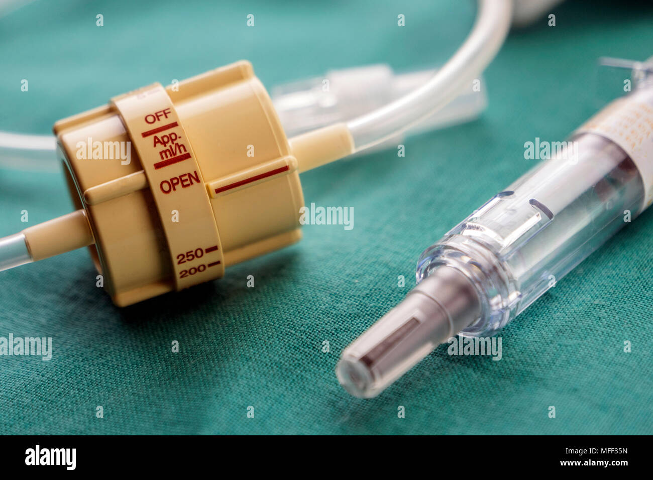 Dial flow next to a syringe at a hospital table, conceptual image Stock ...