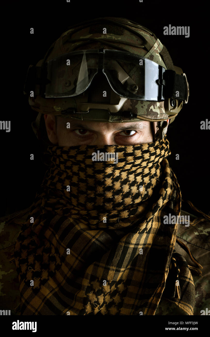close up portrait of handsome military man. Macro shot on black ...