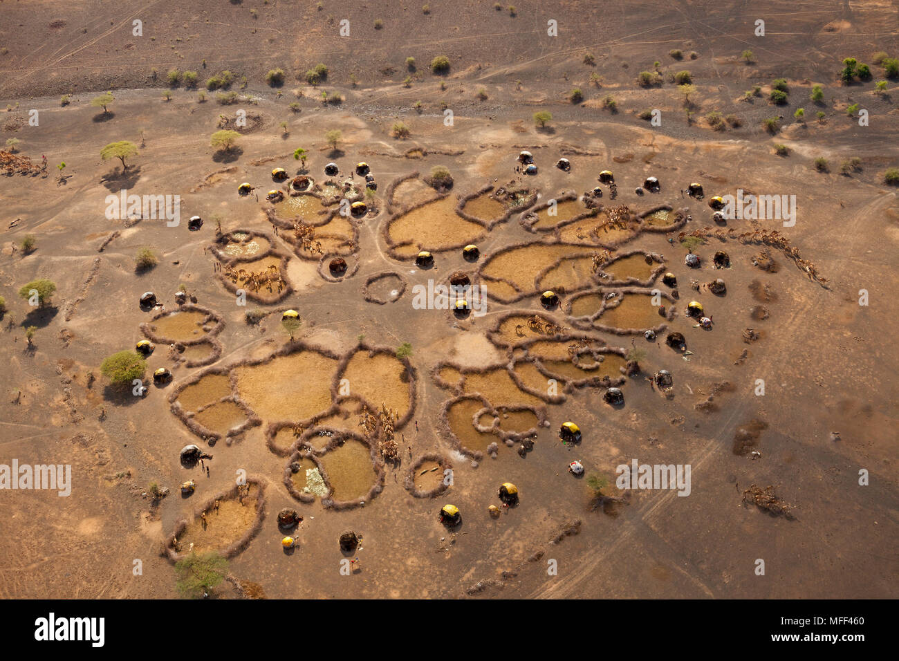 Aerial view of Rendille village huts and livestock pens, Kenya Stock ...