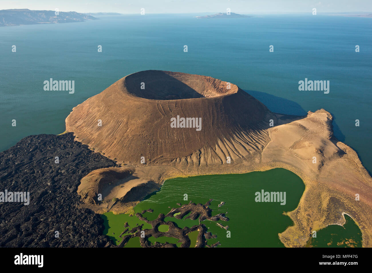 Aerial view of Nabuyatom Crater, south of Lake Turkana, Kenya. Lake ...