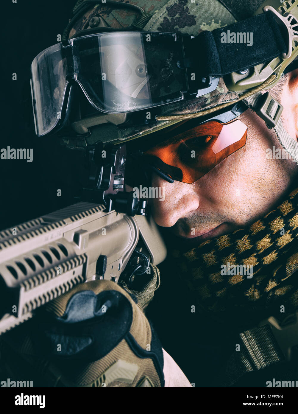 close up portrait of handsome military man. Macro shot on black ...