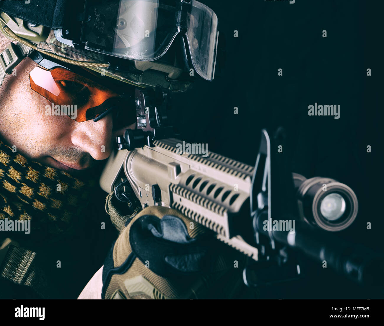 close up portrait of handsome military man. Macro shot on black ...