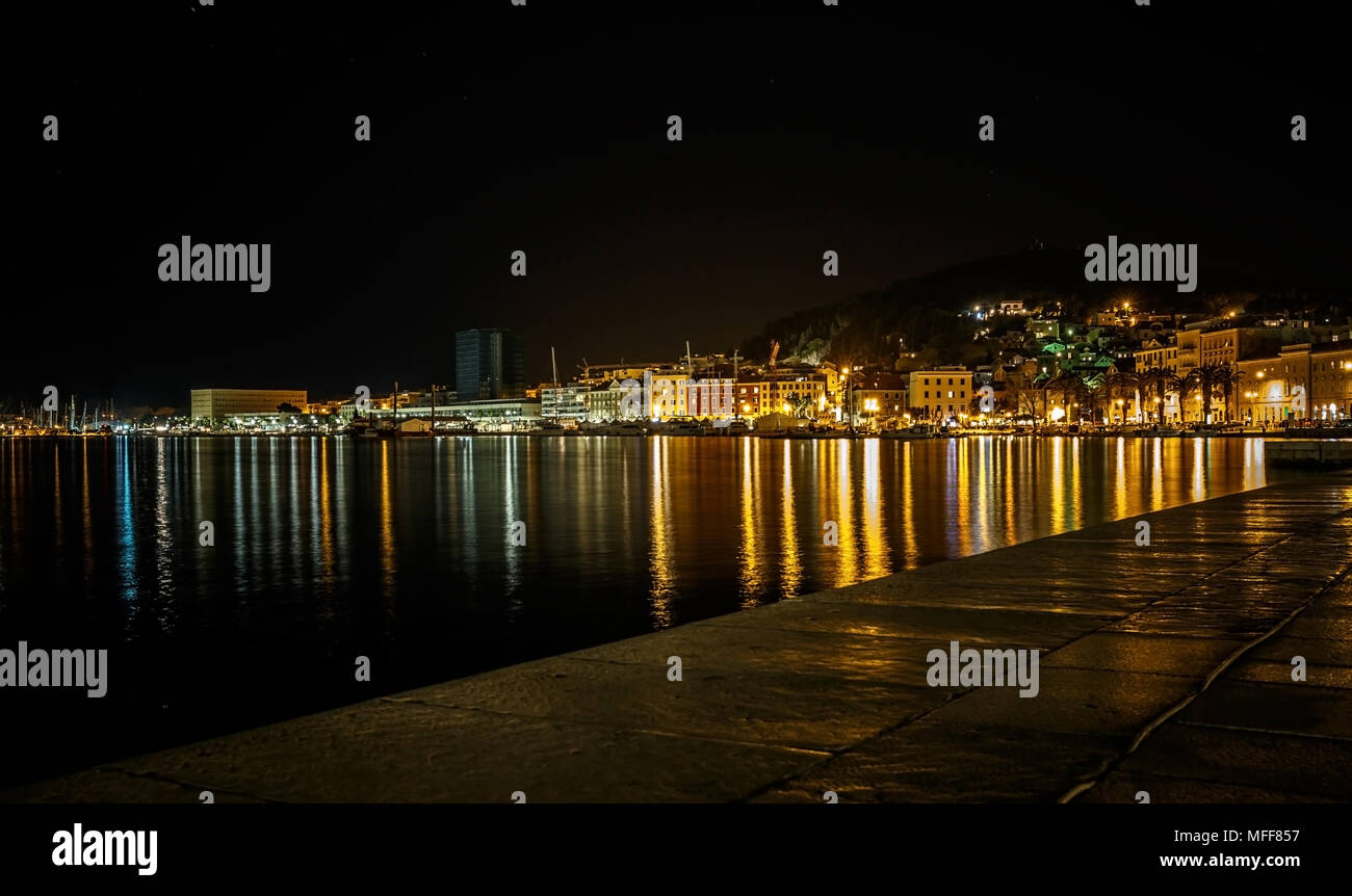Amazing Split waterfront evening panorama at night, Croatia Stock Photo ...