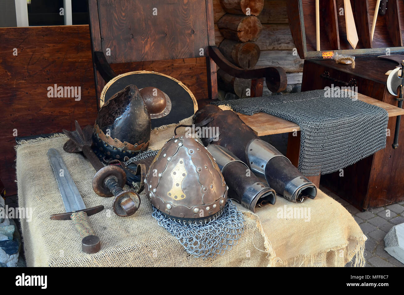 The armor of the Slavic Knight. Helmet, chain mail, sword and shield ...