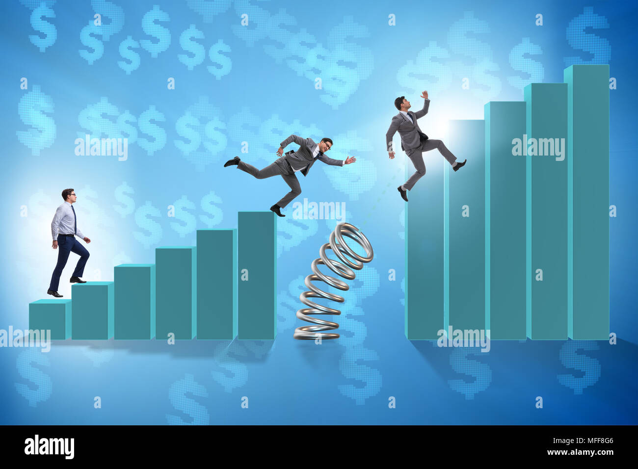 Business people jumping over bar charts Stock Photo - Alamy