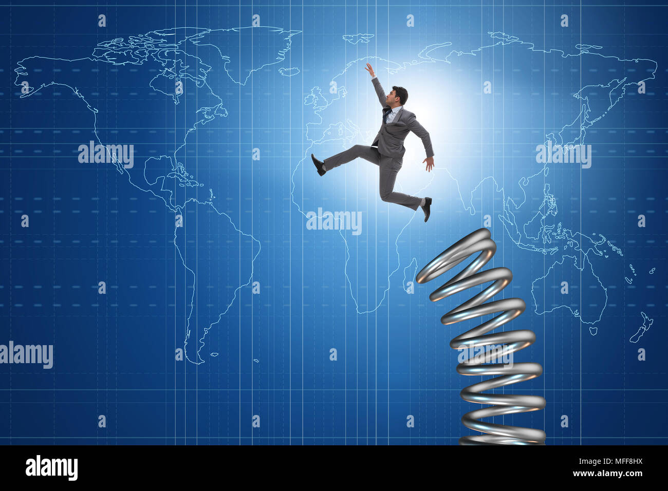 Businessman jumping from spring in promotion concept Stock Photo - Alamy