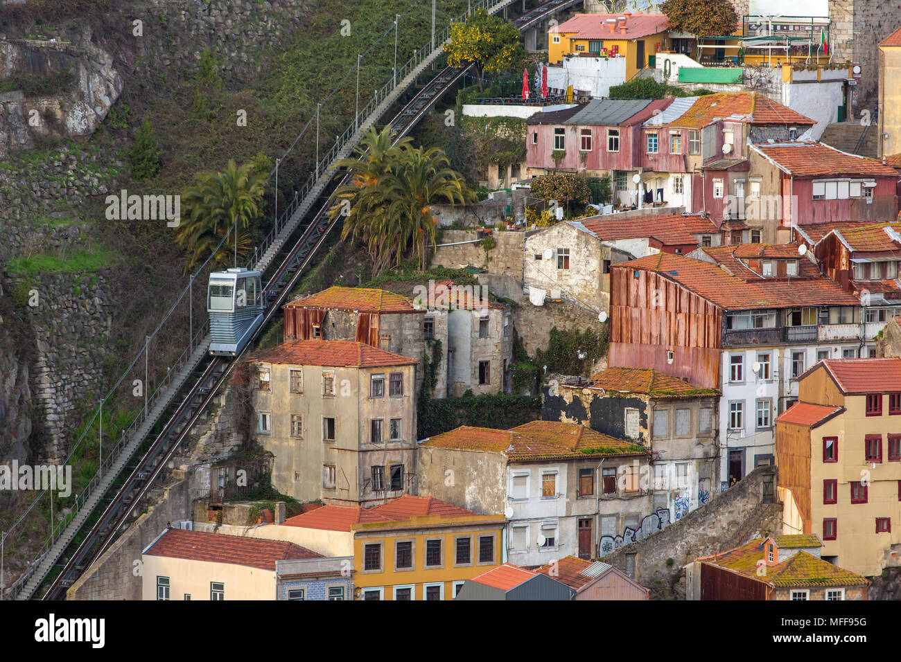 Aerial view of Guindais Funicular (Funicular dos Guindais) in the old ...