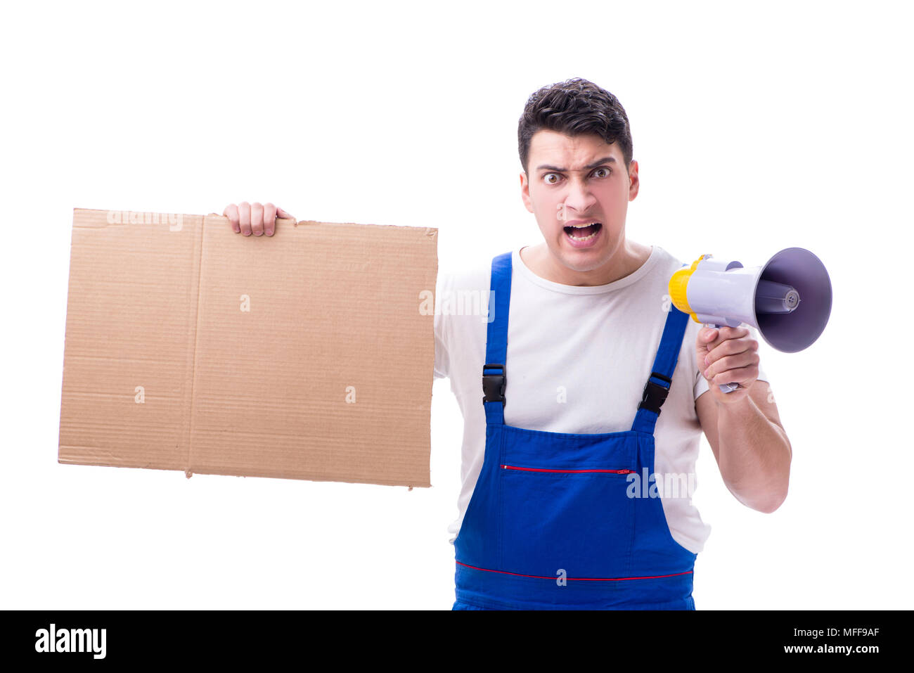 Angry construction supervisor yelling with loudspeaker Stock Photo - Alamy