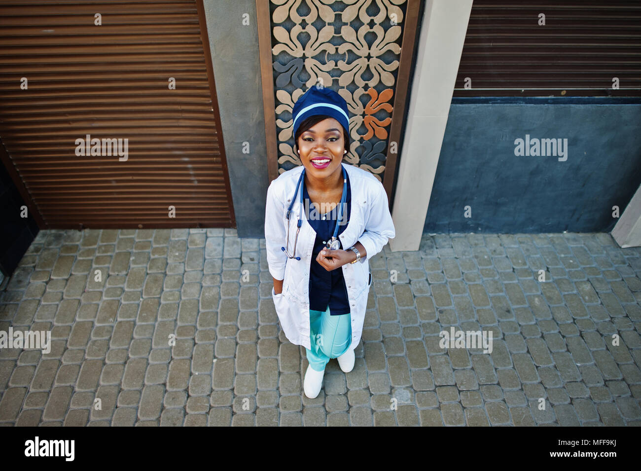 African american doctor female with stethoscope posed outdoor Stock ...