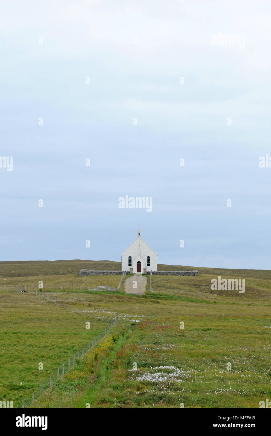 Old remote chapel on the island of Fair Isle alone in the landscape ...