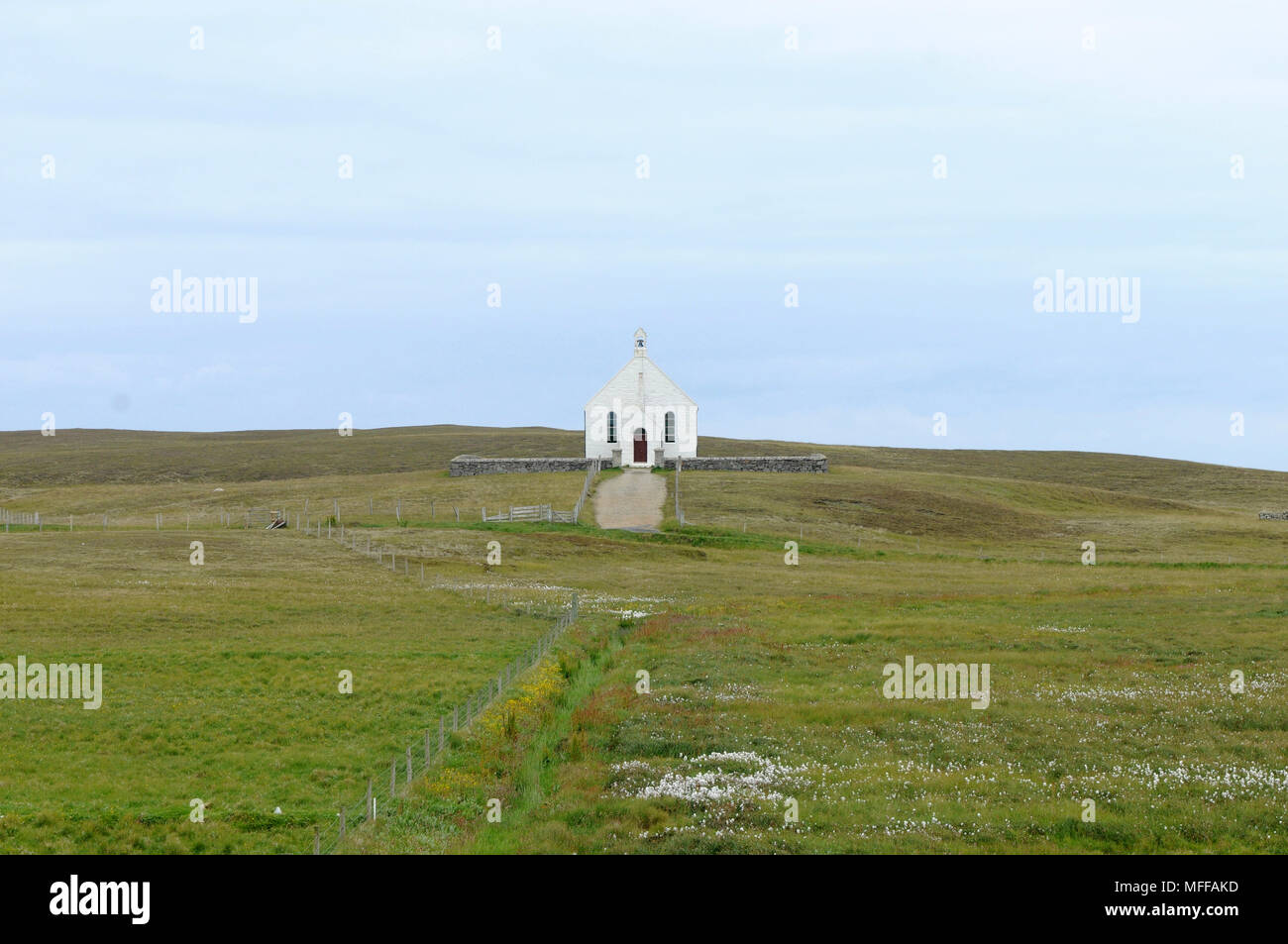 Old remote chapel on the island of Fair Isle alone in the landscape ...