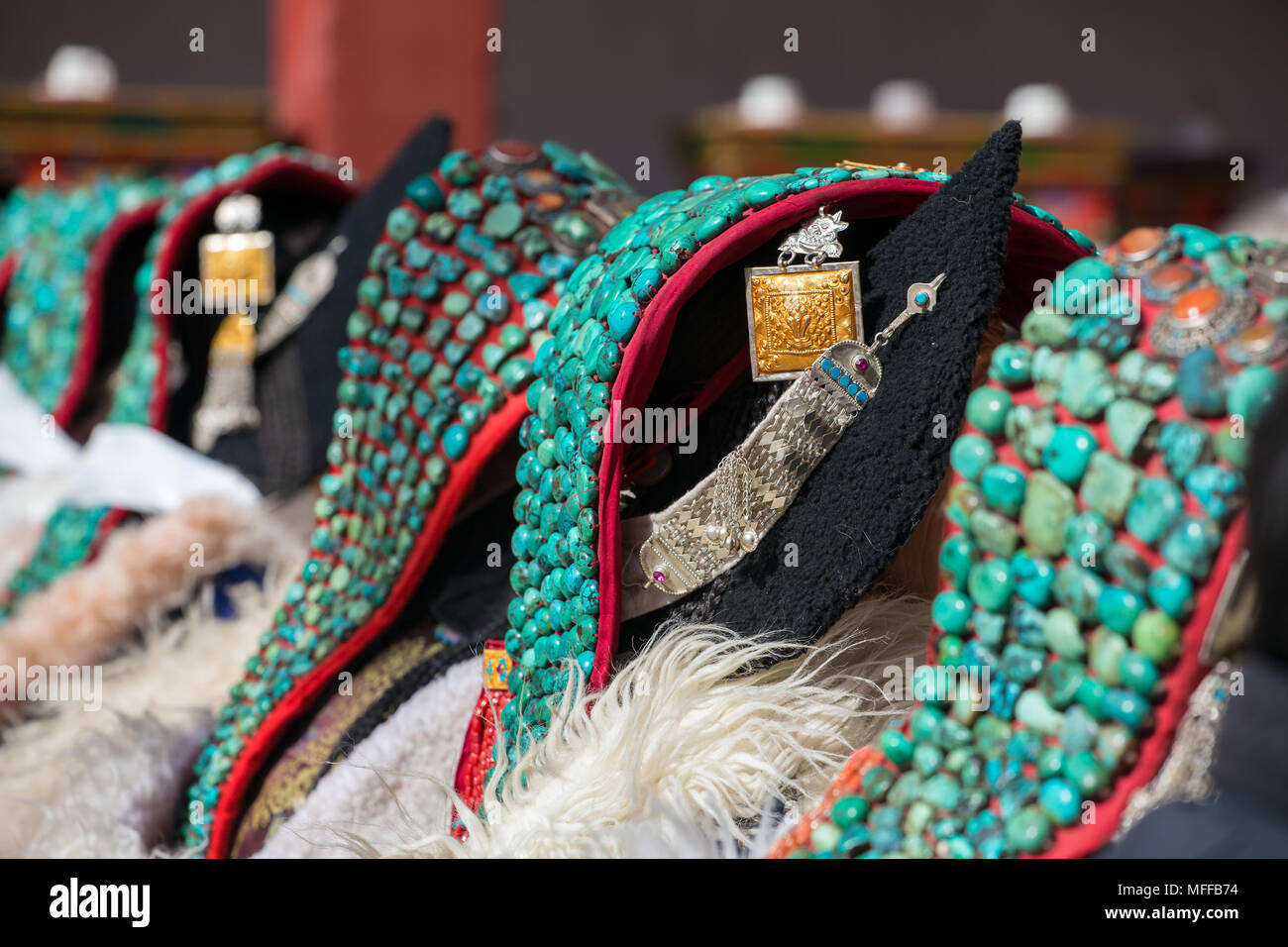 Zanskari women wearing ethnic traditional Ladakhi headdress with ...