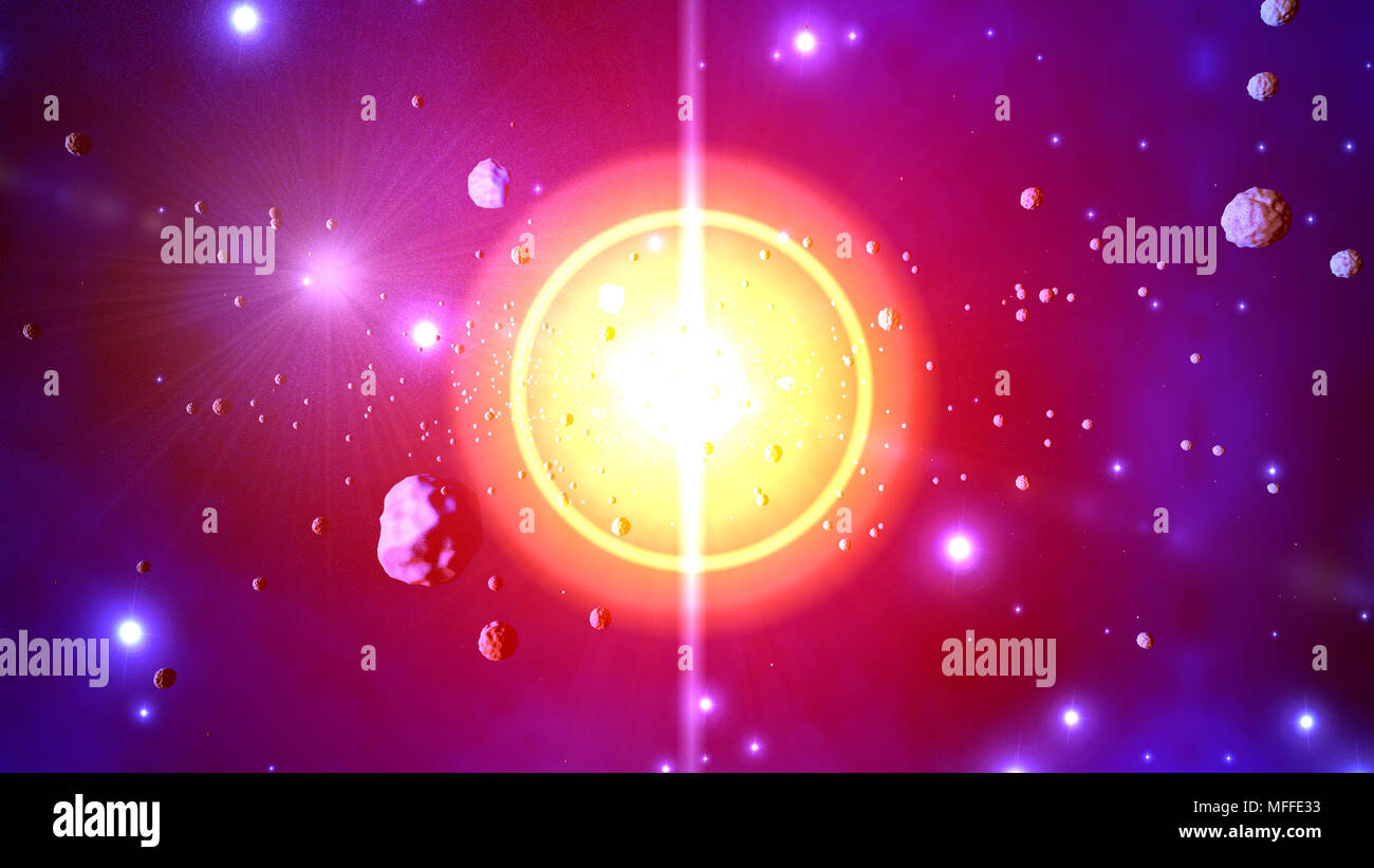 3D Illustration of a stellar explosion or Supernova throwing Asteroids ...