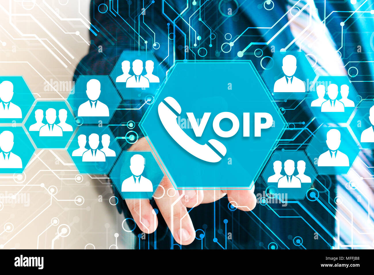 The businessman clicks the button VOIP on the touch screen Stock Photo ...