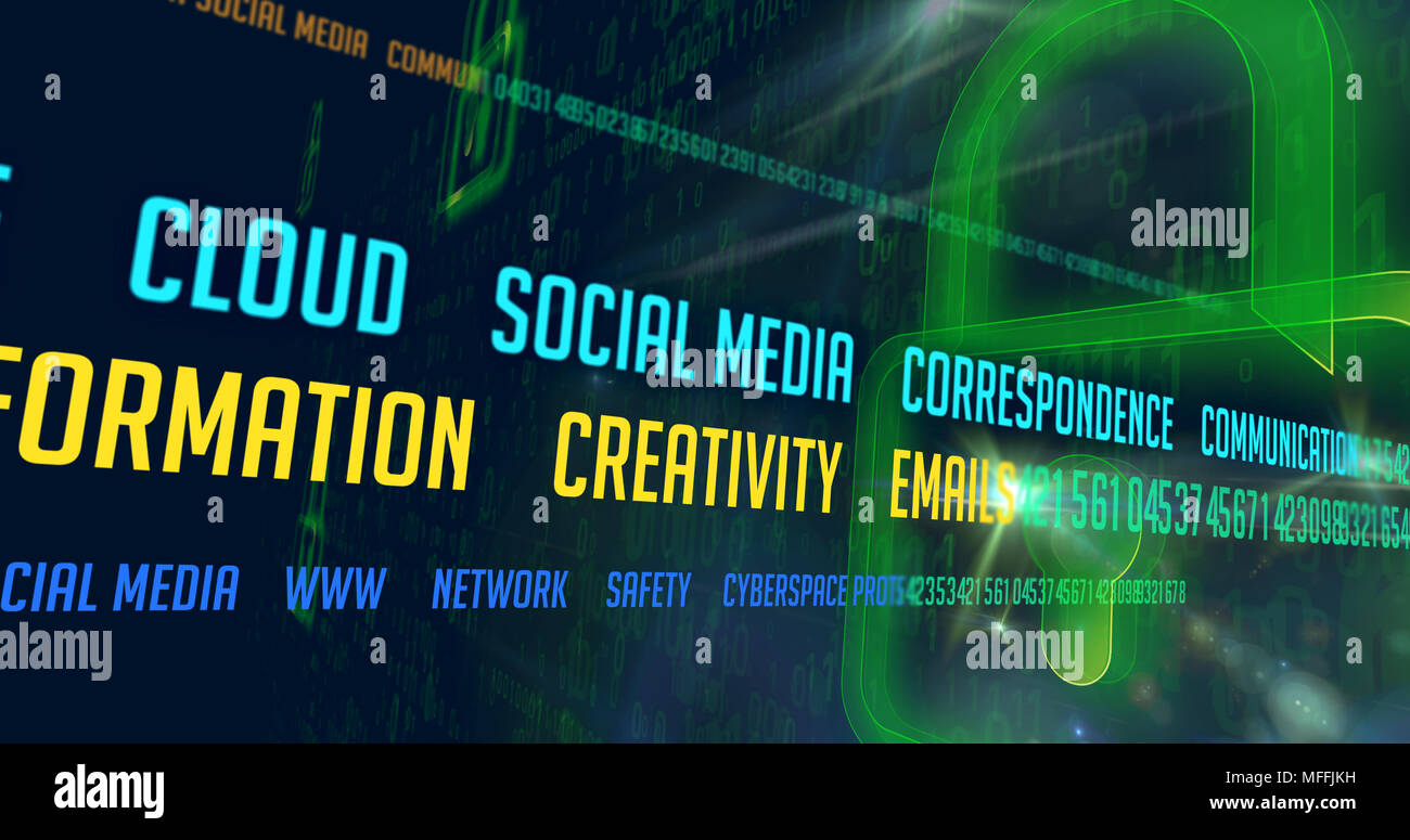 Cyber security buzzwords coding for numbers by green padlock Stock ...
