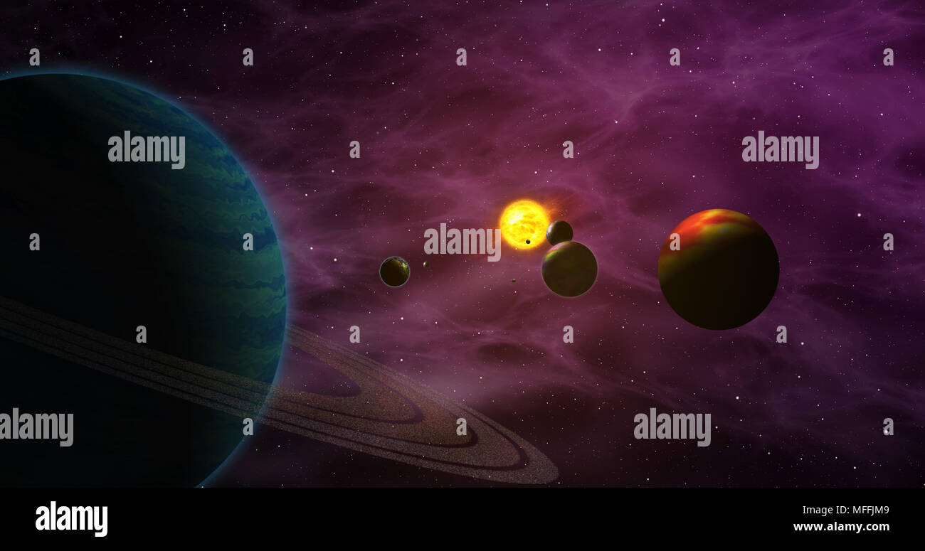Exoplanets in foreign solar system with sun star. Distant cosmos ...