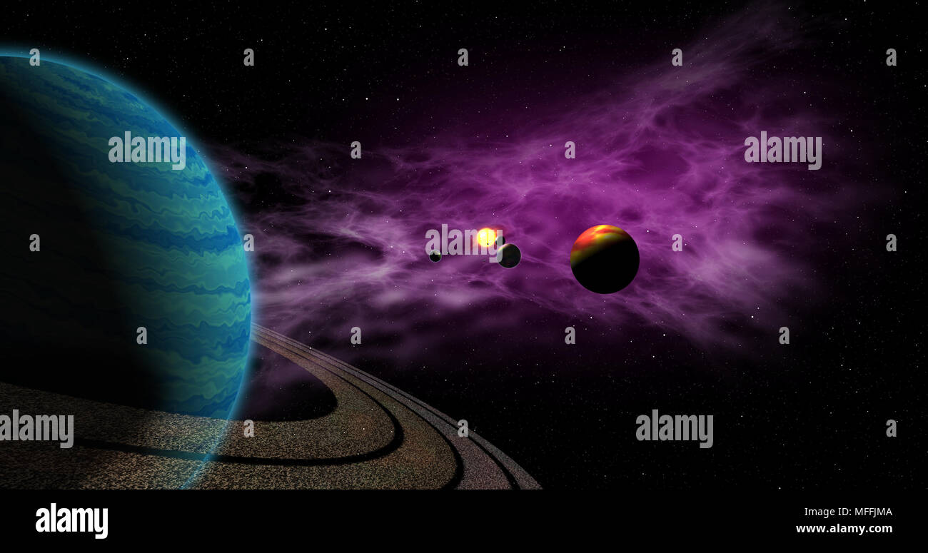 Exoplanets in foreign solar system with sun star. Distant cosmos ...