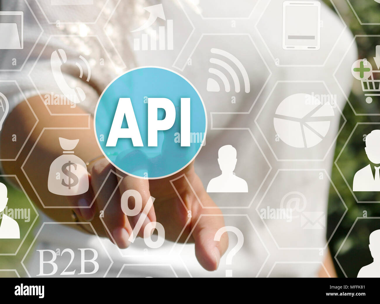 Businesswoman pushes a button API, Application Programming Interface on ...