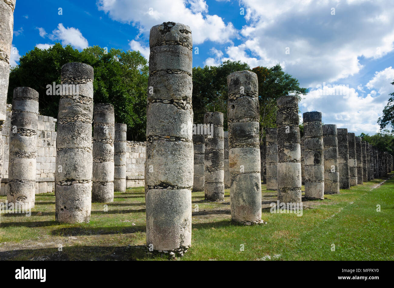 Series of misterious ancient columns in a mayan archaeological site ...