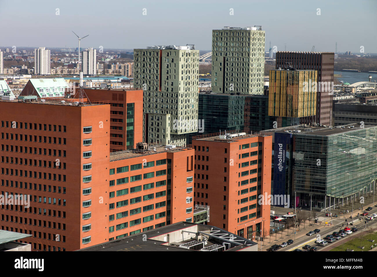 The skyline of Rotterdam, on the Nieuwe Maas, river, skyscrapers at the ...