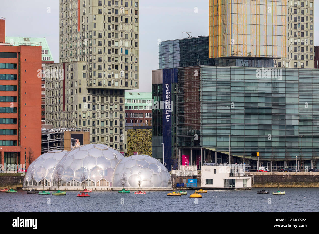 The skyline of Rotterdam, on the Nieuwe Maas, river, skyscrapers at the ...