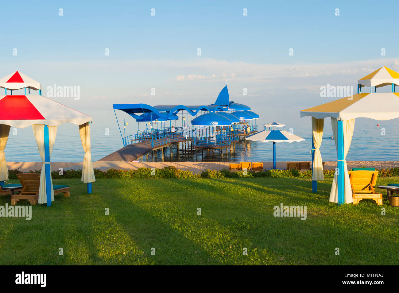 Karven resort beach, Issyk Kul lake, Kyrgyzstan, Central Asia Stock ...