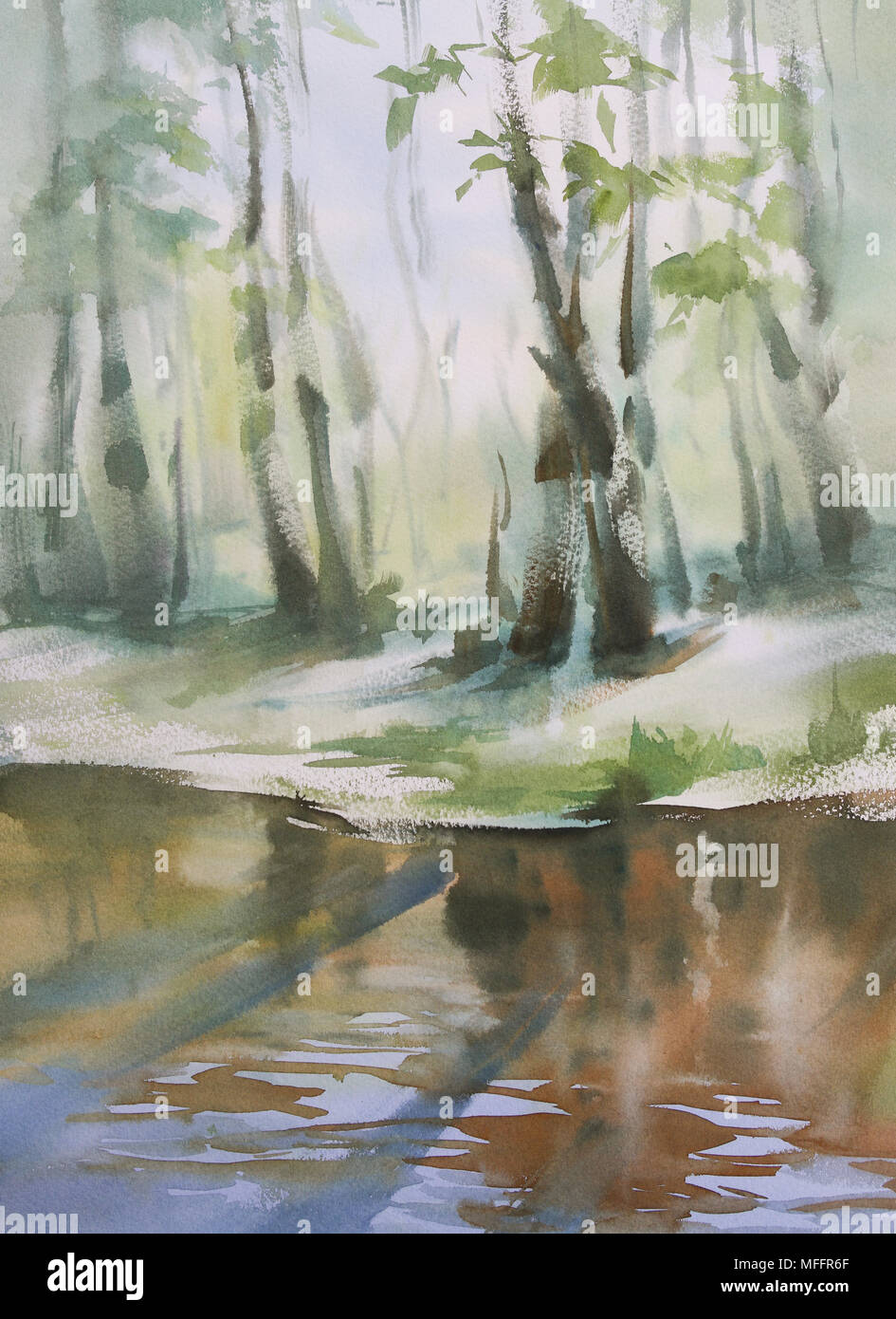 spring landscape with a river watercolor Stock Photo - Alamy