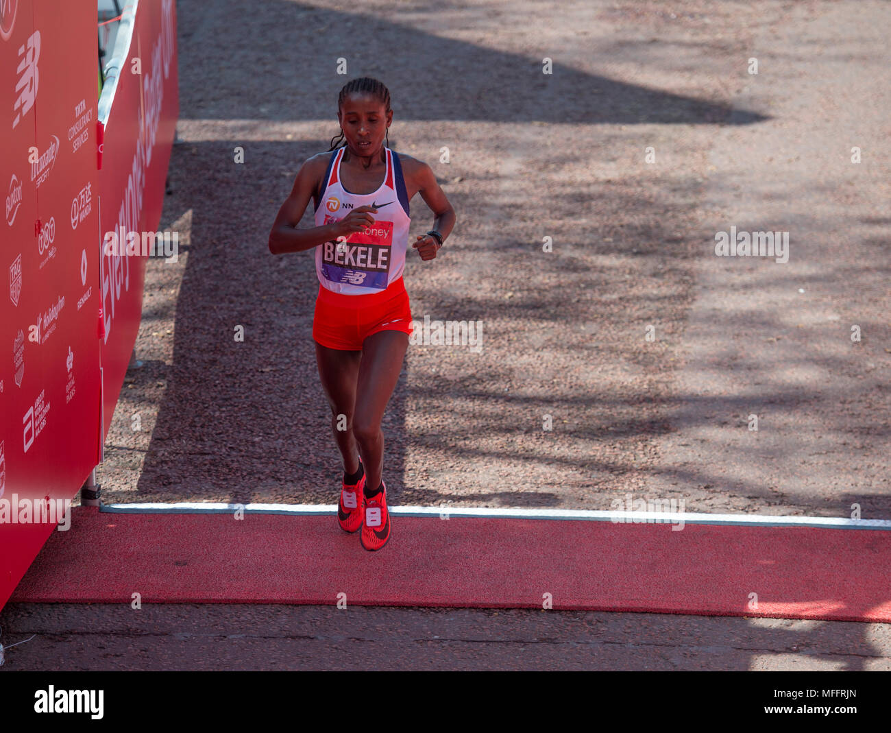 22 April 2018. Tadelech Bekele (ETH) finishes the Virgin Money London ...