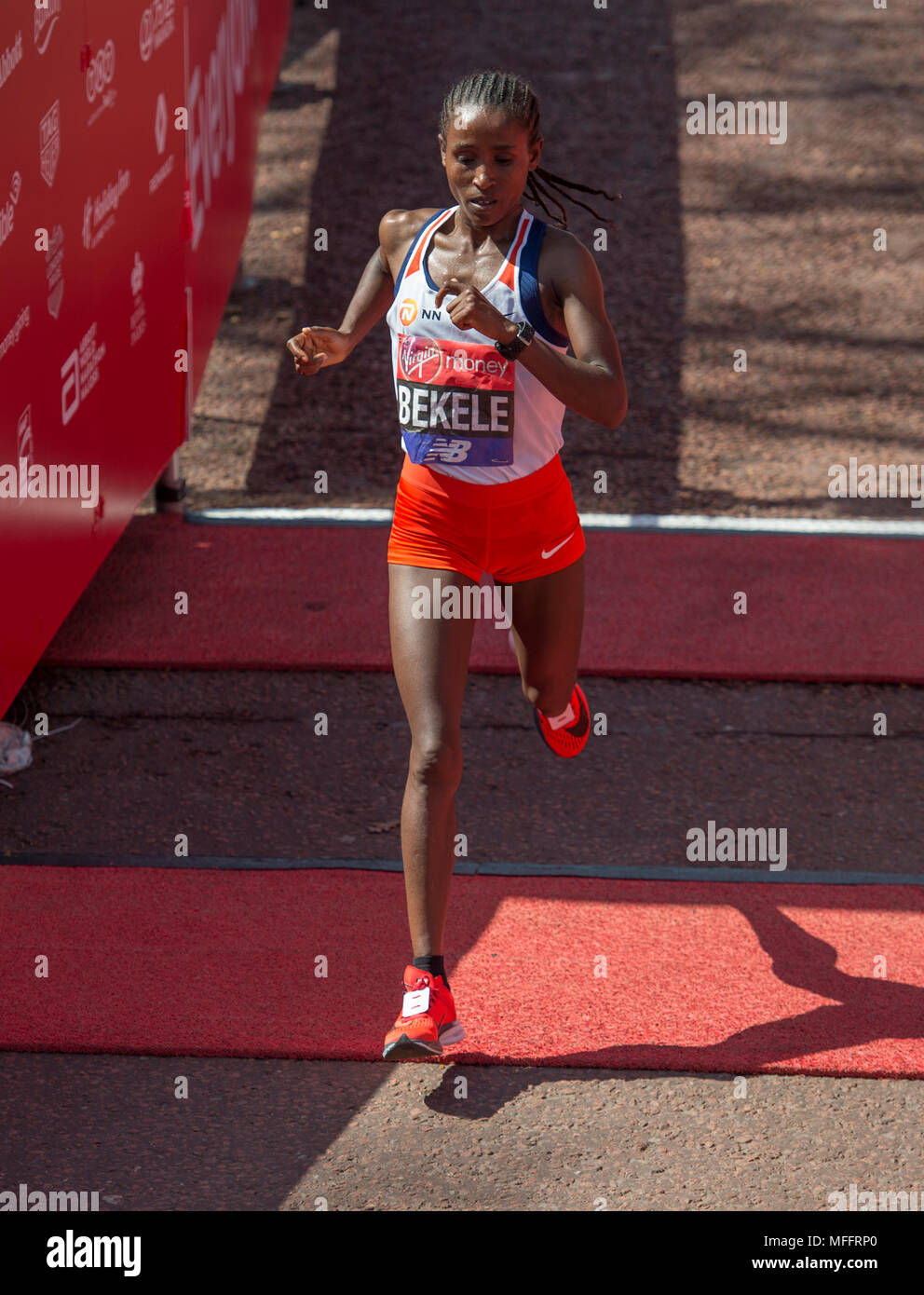 22 April 2018. Tadelech Bekele (ETH) finishes the Virgin Money London ...