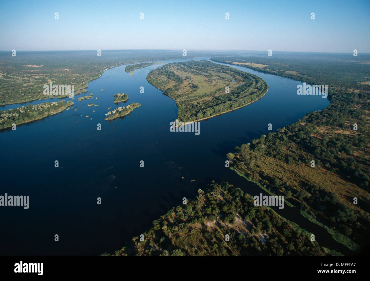 ZAMBEZI RIVER aerial view above Victoria Falls, Zambian border with ...