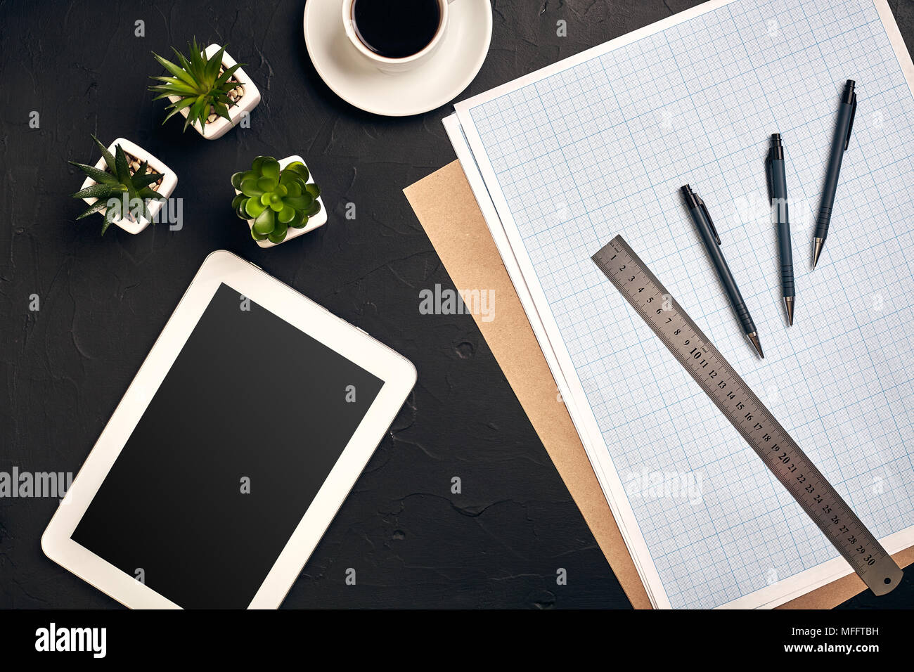 Architect's work tools on black background. Top view Stock Photo - Alamy