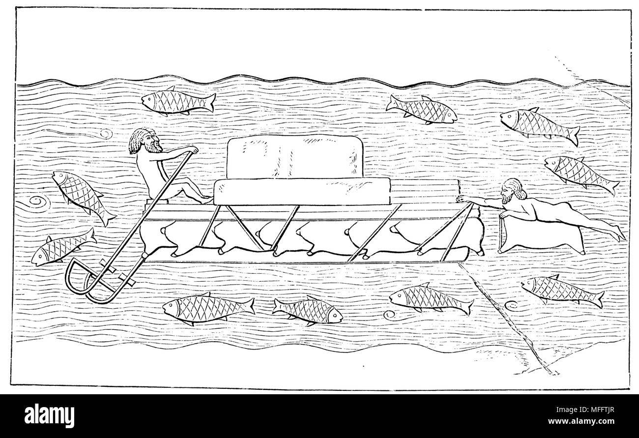 Water transport on the Tigris with a hose raft (Assyrian relief in ...