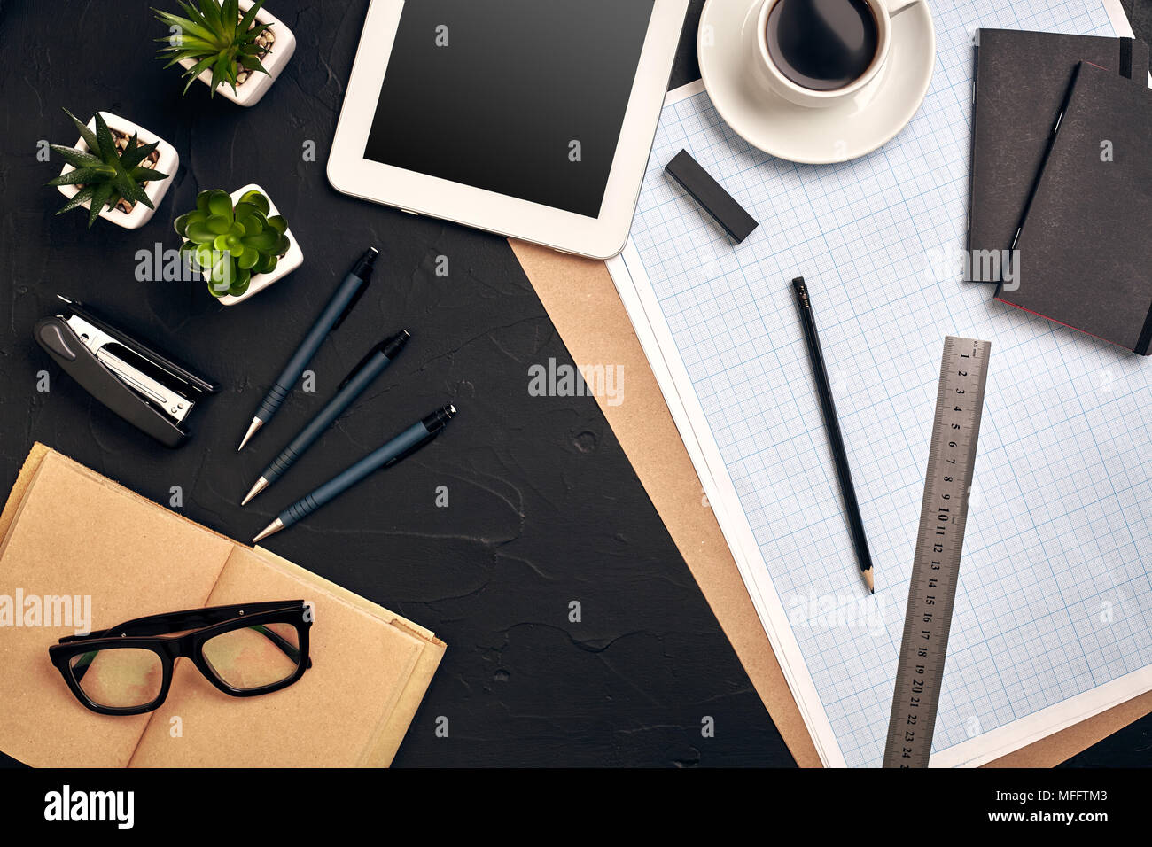 Architect's work tools on black background. Top view Stock Photo - Alamy