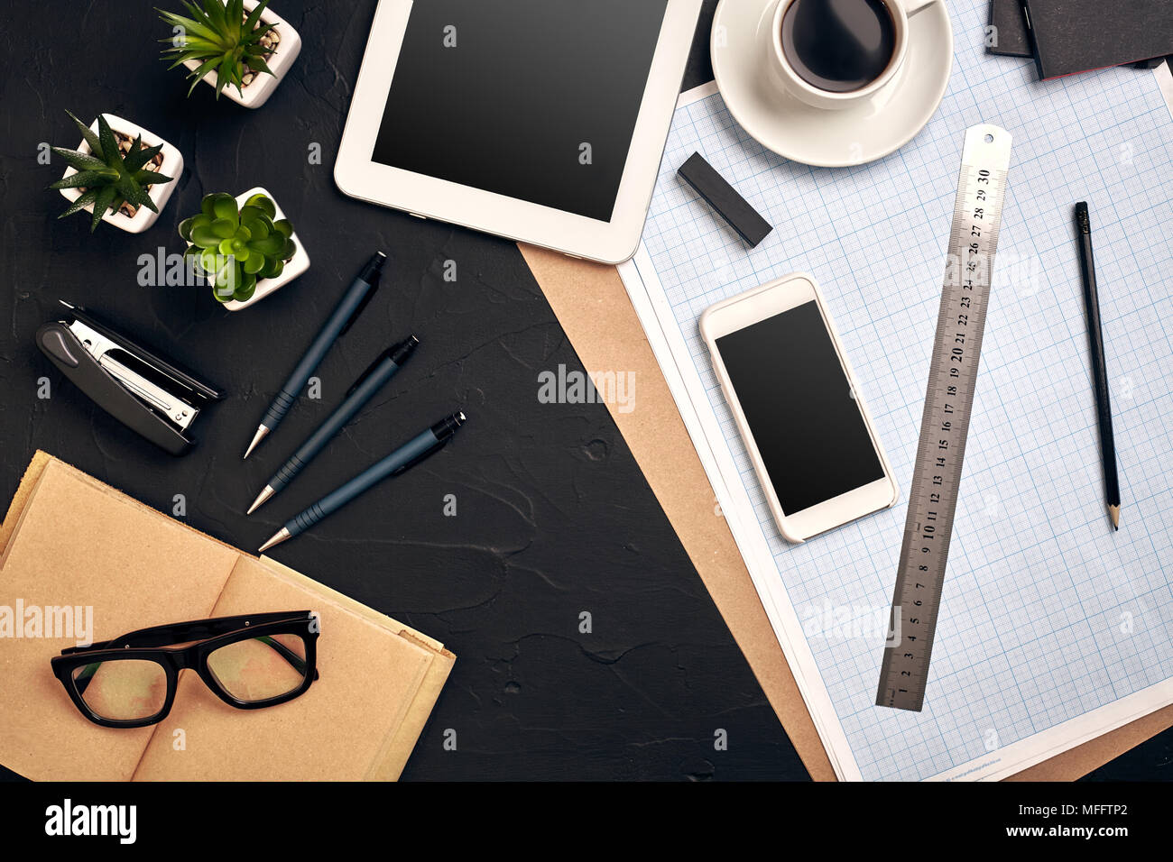 Architect's work tools on black background. Top view Stock Photo - Alamy