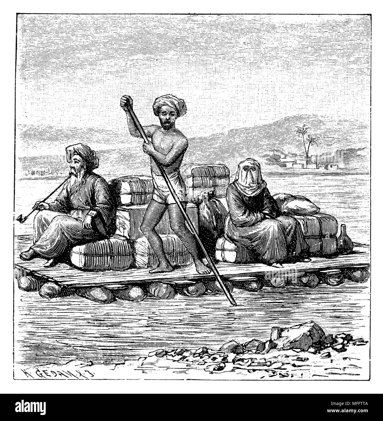 Water transport on the Tigris with a hose raft, H Gedau 1904 Stock ...