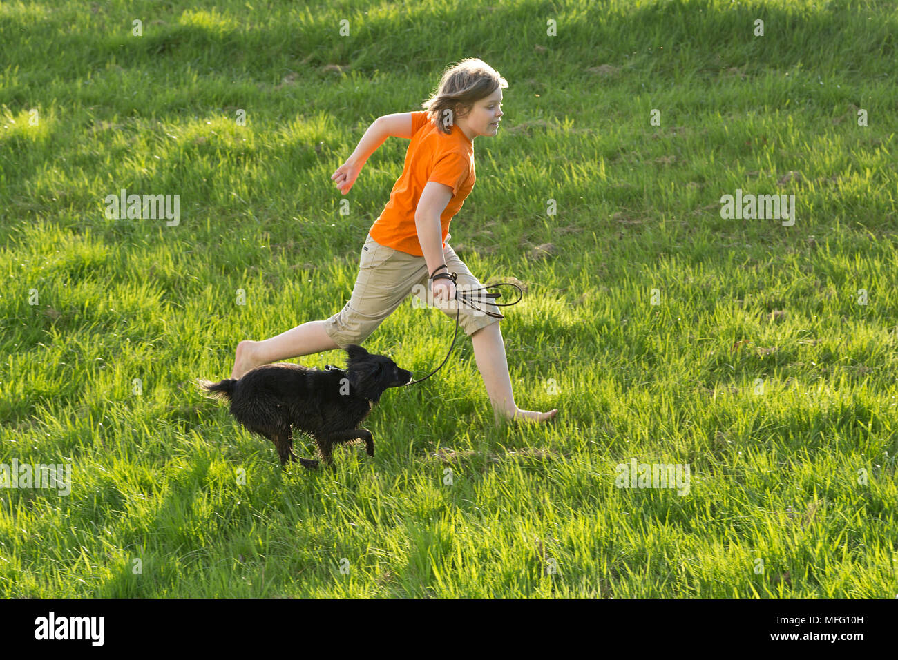 boy running with dog across meadow Stock Photo - Alamy