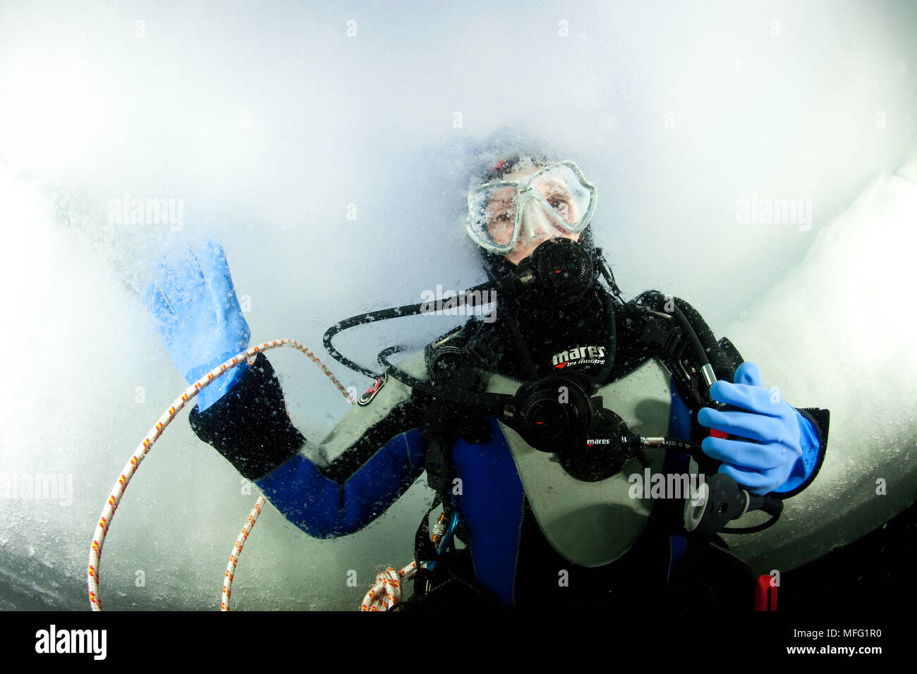 Scuba diver under ice, surfacing to the hole, Arctic circle Dive Center ...