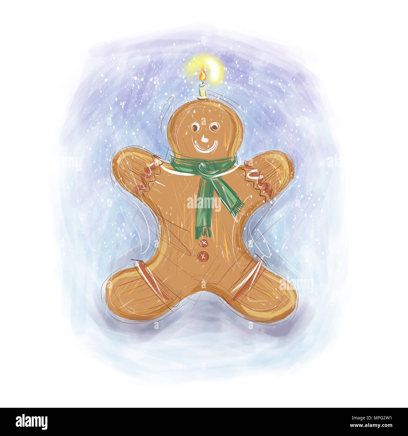 Gingerbread man wearing a green scarf and smiling with a lit candle on ...