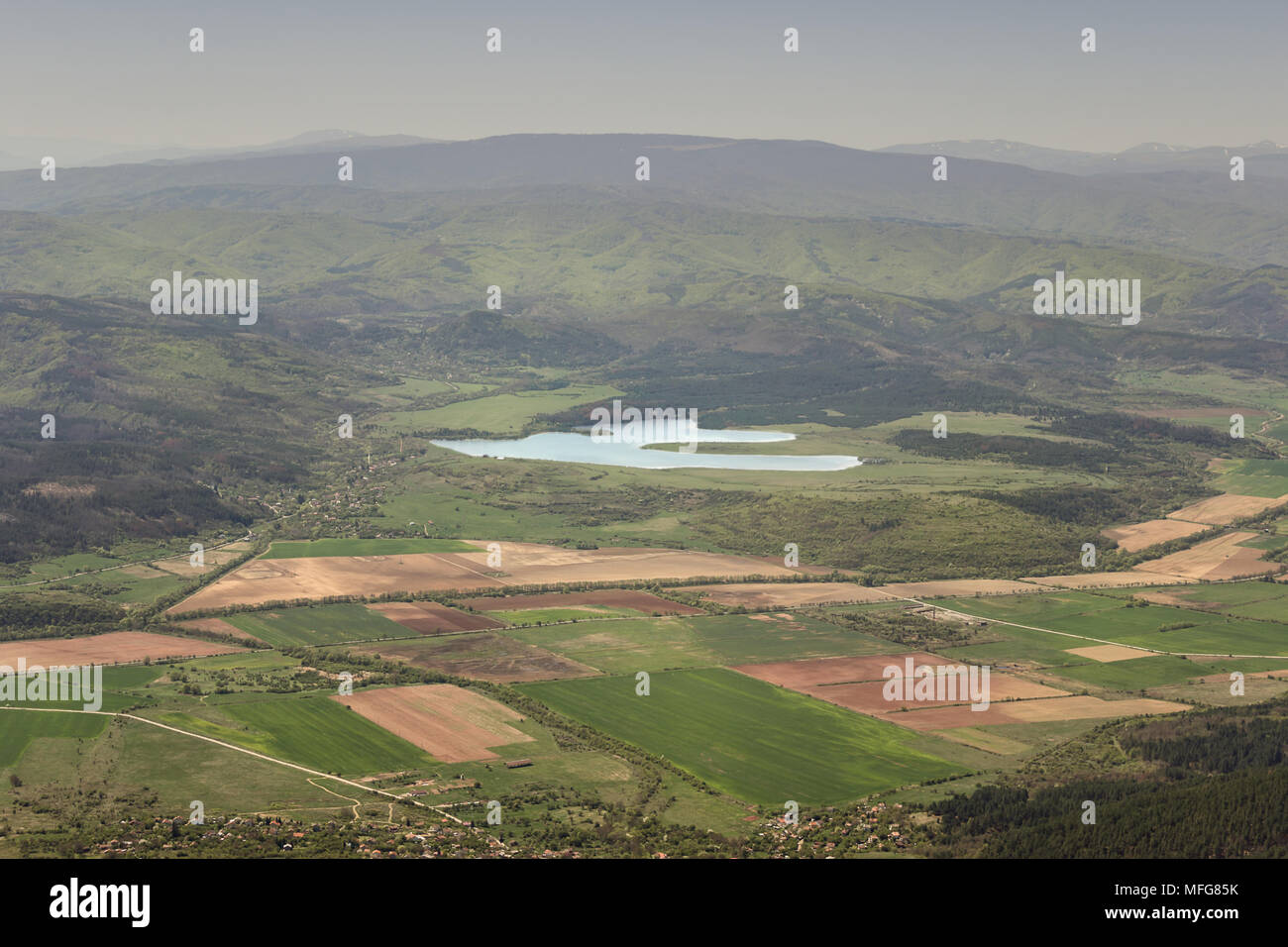 View from a Ruy mountain vantage point at a curvy lake in Bulgaria and ...