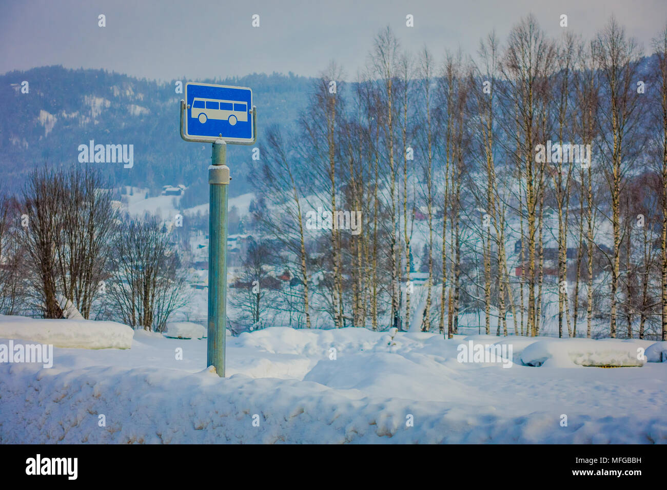 Valdres, Norway - March 26, 2018: Outdoor view of sign of bus stop at ...
