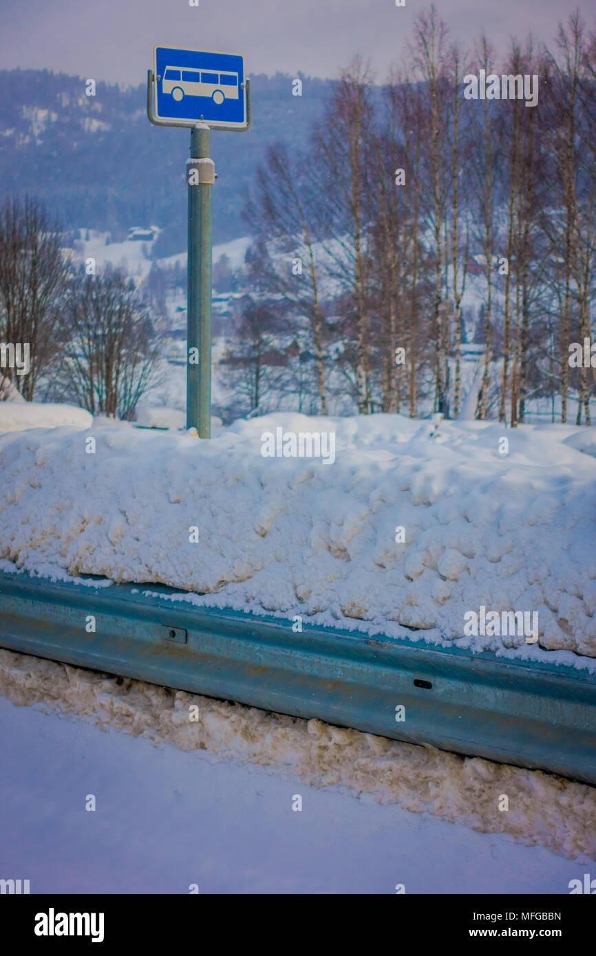 Valdres, Norway - March 26, 2018: Outdoor view of sign of bus stop at ...
