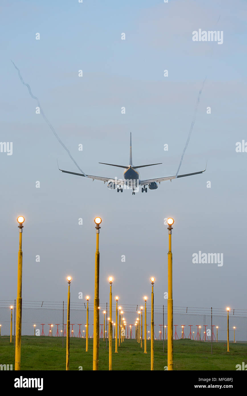 The rear of a landing commercial airplane with landing gear down viewed ...