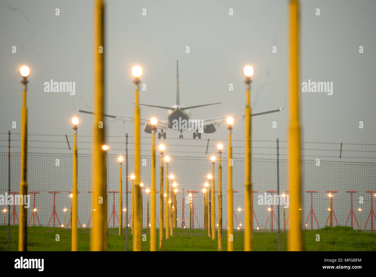 The rear of a landing commercial airplane with landing gear down viewed ...