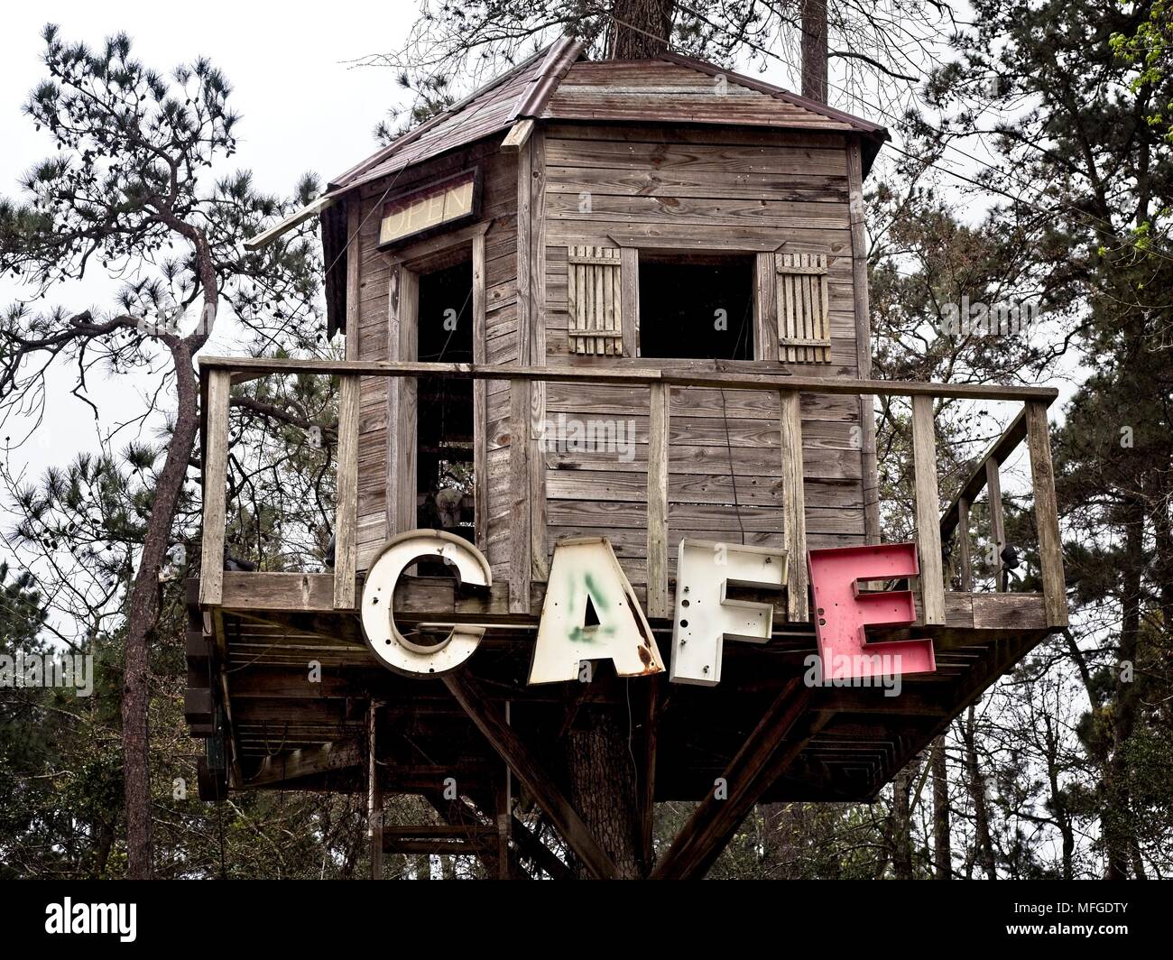 Cafe Sign on a Treehouse along side a hi-way in Texas Stock Photo - Alamy