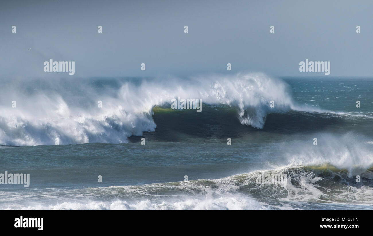 A large powerful wave at Fistral Beach in Newquay in Cornwall Stock ...